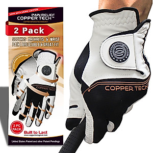 Copper Tech Men's Golf Gloves (2 Pack) - Crafted with 100% AAA Synthetic Leather - Advanced Copper Compression Golf Glove for Optimal Wrist and Joint Support (White/Black, Med - Large, Left)