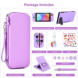 Younik Switch Accessories Bundle, 17 in 1 Purple Switch Accessories Kit for Girls Include Switch Carrying Case, Adjustable Stand, Protective Case for Switch Console & J-Con