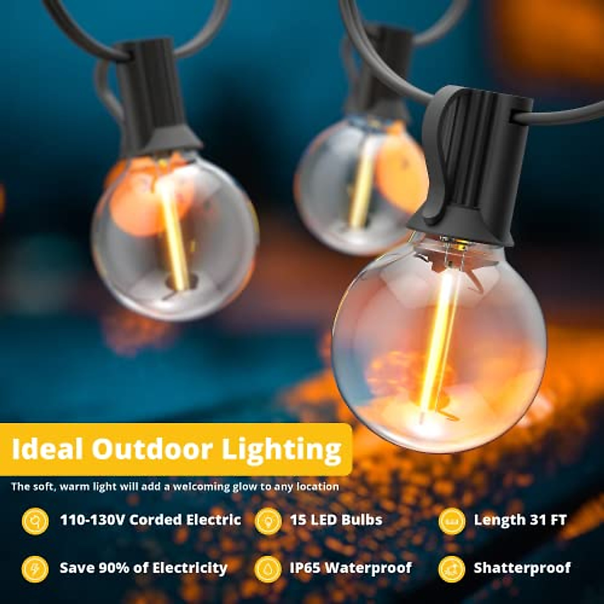 Sunnyload 31FT Outdoor String Lights Waterproof, 110 Volts Outdoor Decorations for Patio, Yard, Garden, Porch, Backyard,Heavy-Duty Decorative Cafe Hanging Lights,with 15 LED Shatterproof Bulbs