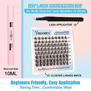 DIY Lash Extension Kit, Lash Cluster 80 Pcs with Strong Hold Lash Bond and Seal and Cluster Eyelashes Applicator Tool Eyelash Extensions Kit for Self Applicator at Home