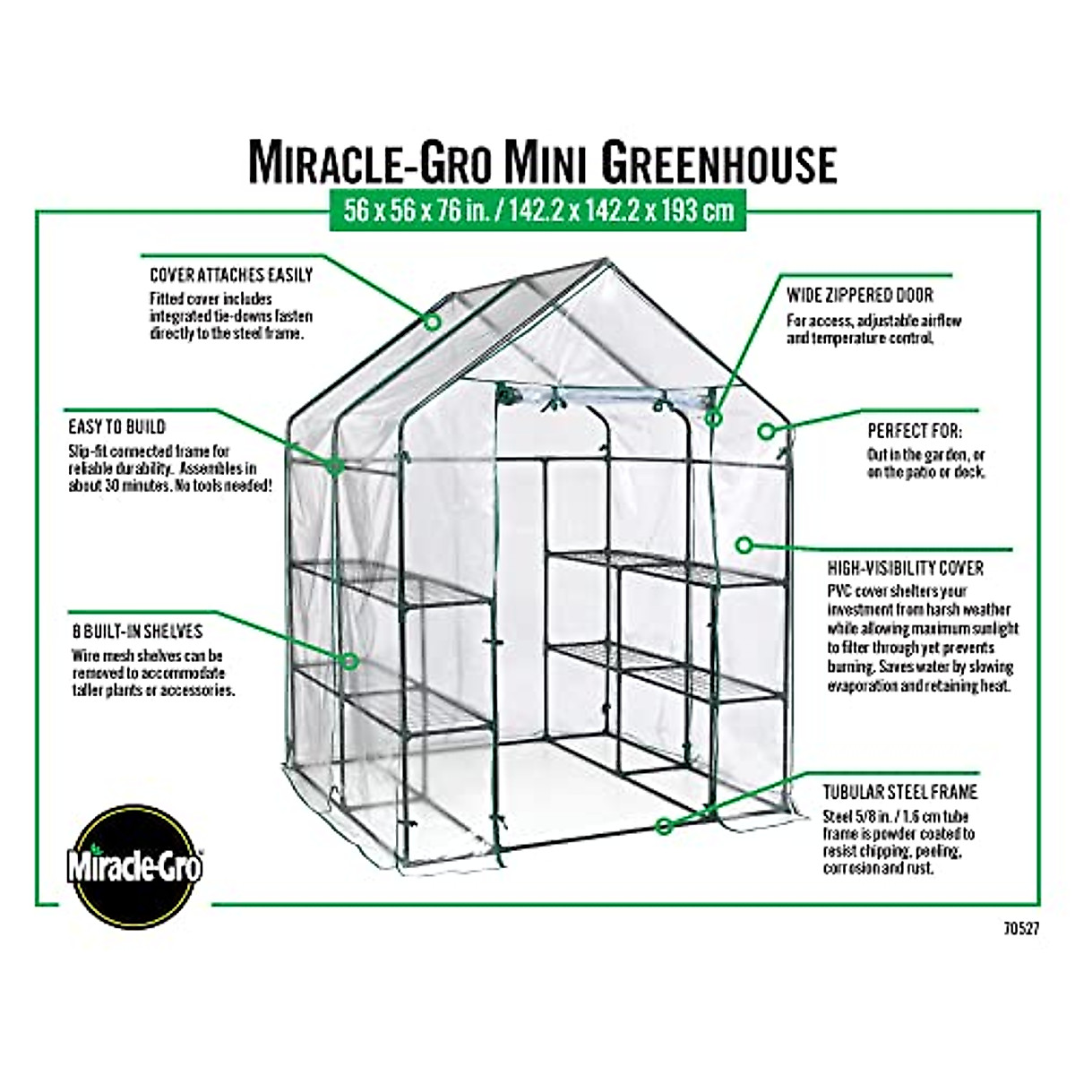 Miracle-Gro 4'8" x 4'8" x 6'5" All-Season Small Walk-in Greenhouse with 8 Wire Shelves for Outdoors, Easy-Access and Durable, Translucent