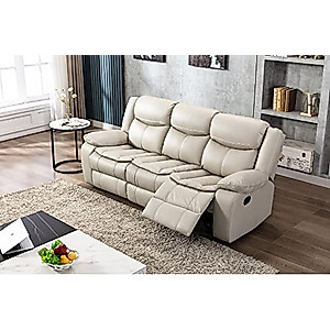 Familymill Breathable Leather Manual Reclining 3-Seat Sofa, Cream