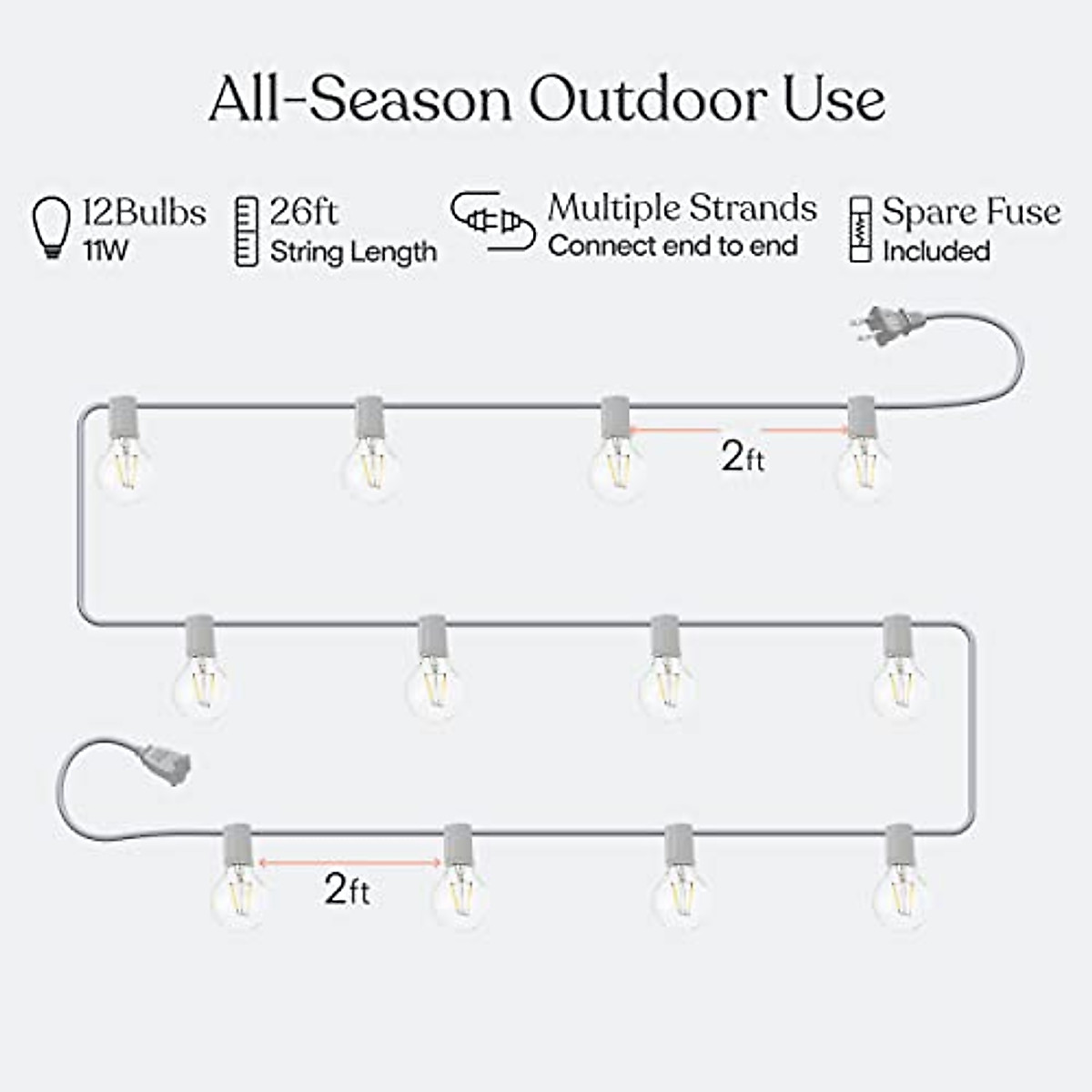 Brightech Ambience Pro LED String Lights - 26 Ft Commercial Grade Patio Lights Outdoor Waterproof - Globe Porch String Lights for Outside, Backyard - 1W Vintage Edison Bulbs, Shine Bright, White