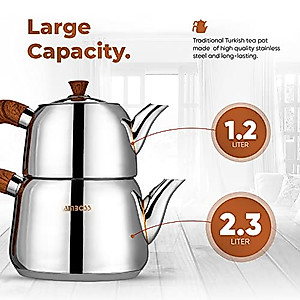 Amboss Turkish Teapot Set with Steam Lid 4 PCS Stainless Steel Wood Design Bakelite Handles Induction Compatible Turkish Tea Set