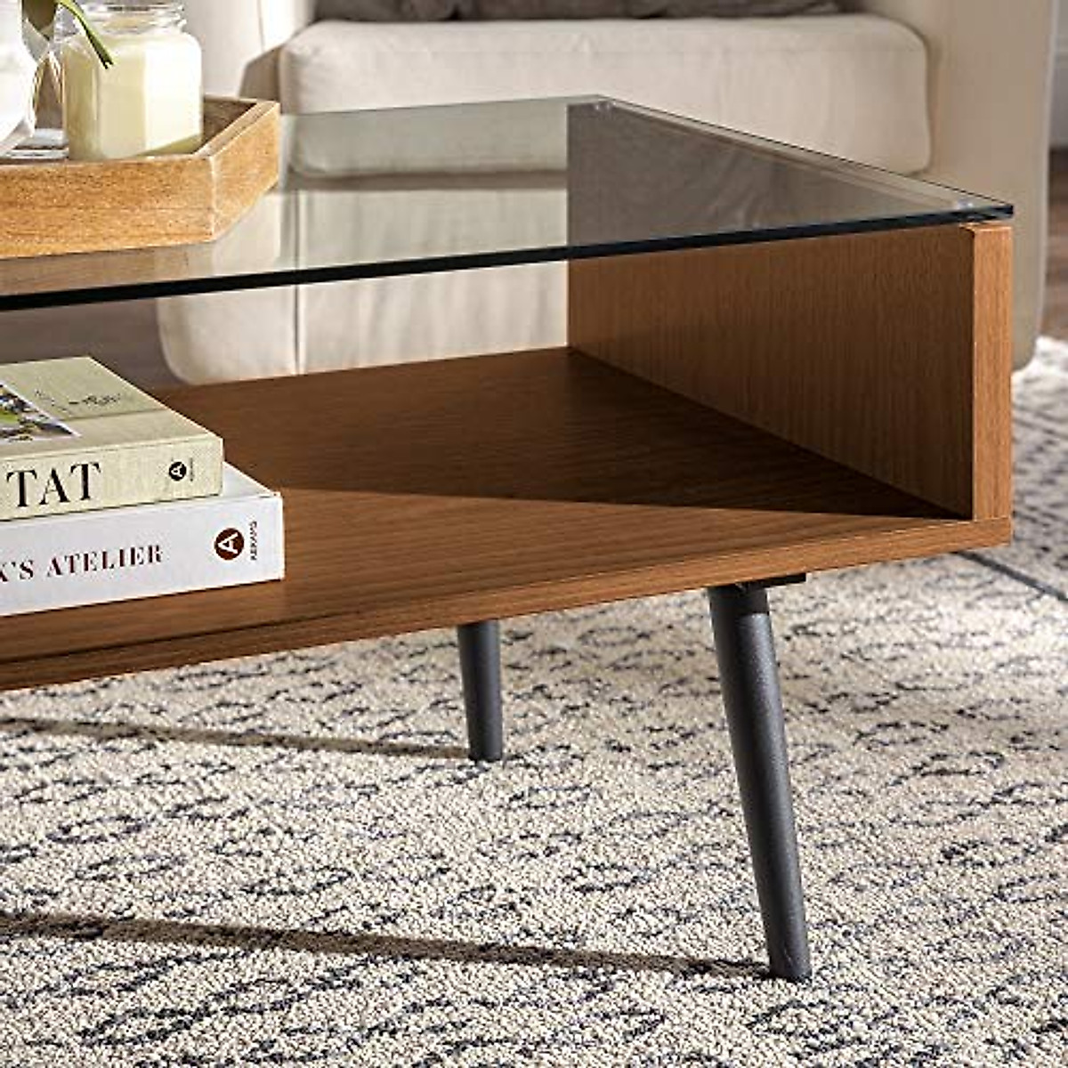 Walker Edison Montclair Mid Century Modern Glass Top 1 Drawer Coffee Table, 42 Inch, Glass and Acorn