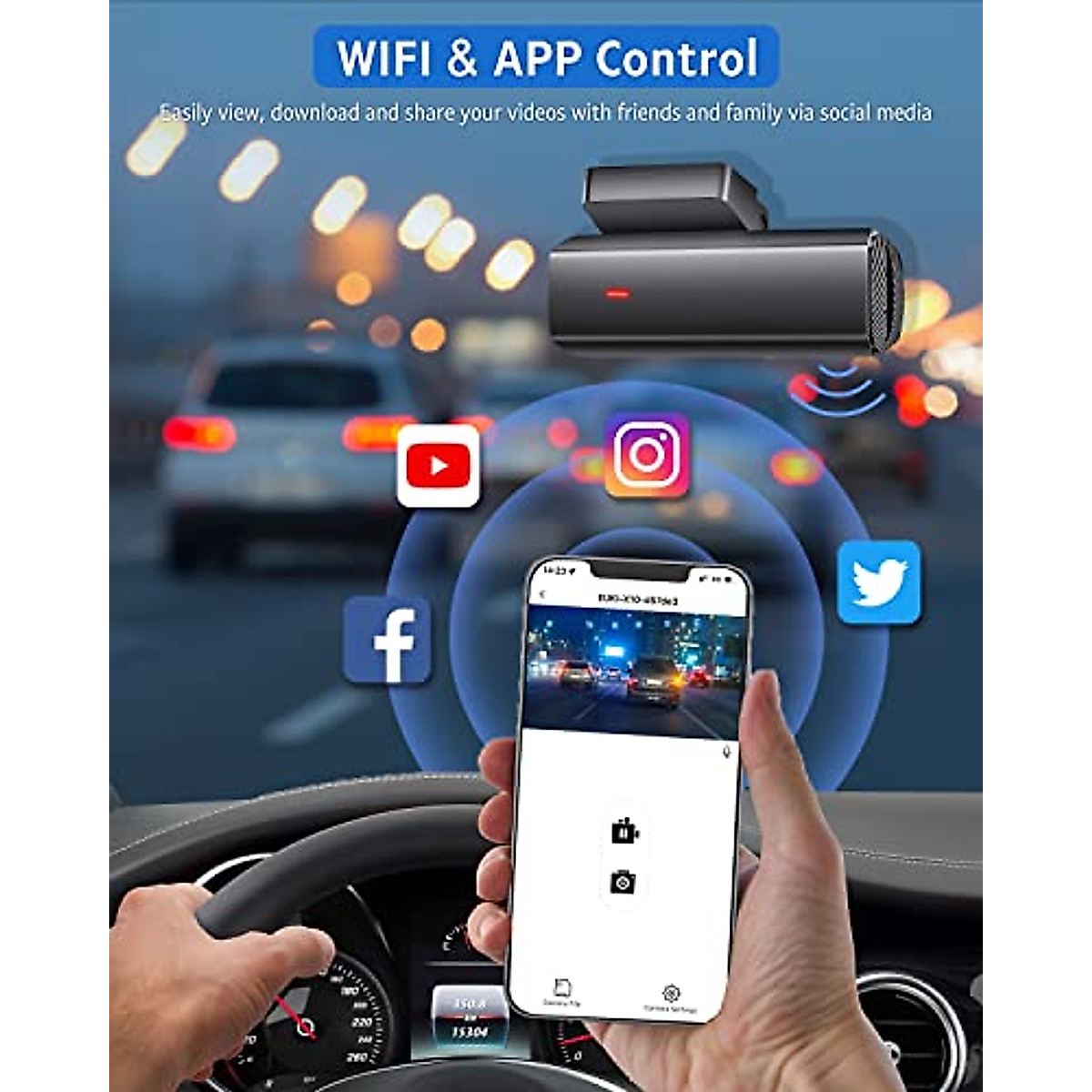 Dash Cam 1080P Car Camera, EUKI WiFi Dash Camera for Cars, Dash Cam Front with Night Vision, 170°Wide Angle, 24 Hours Parking Monitor, Loop Recording, G-Sensor, APP Control, Support 128GB Max