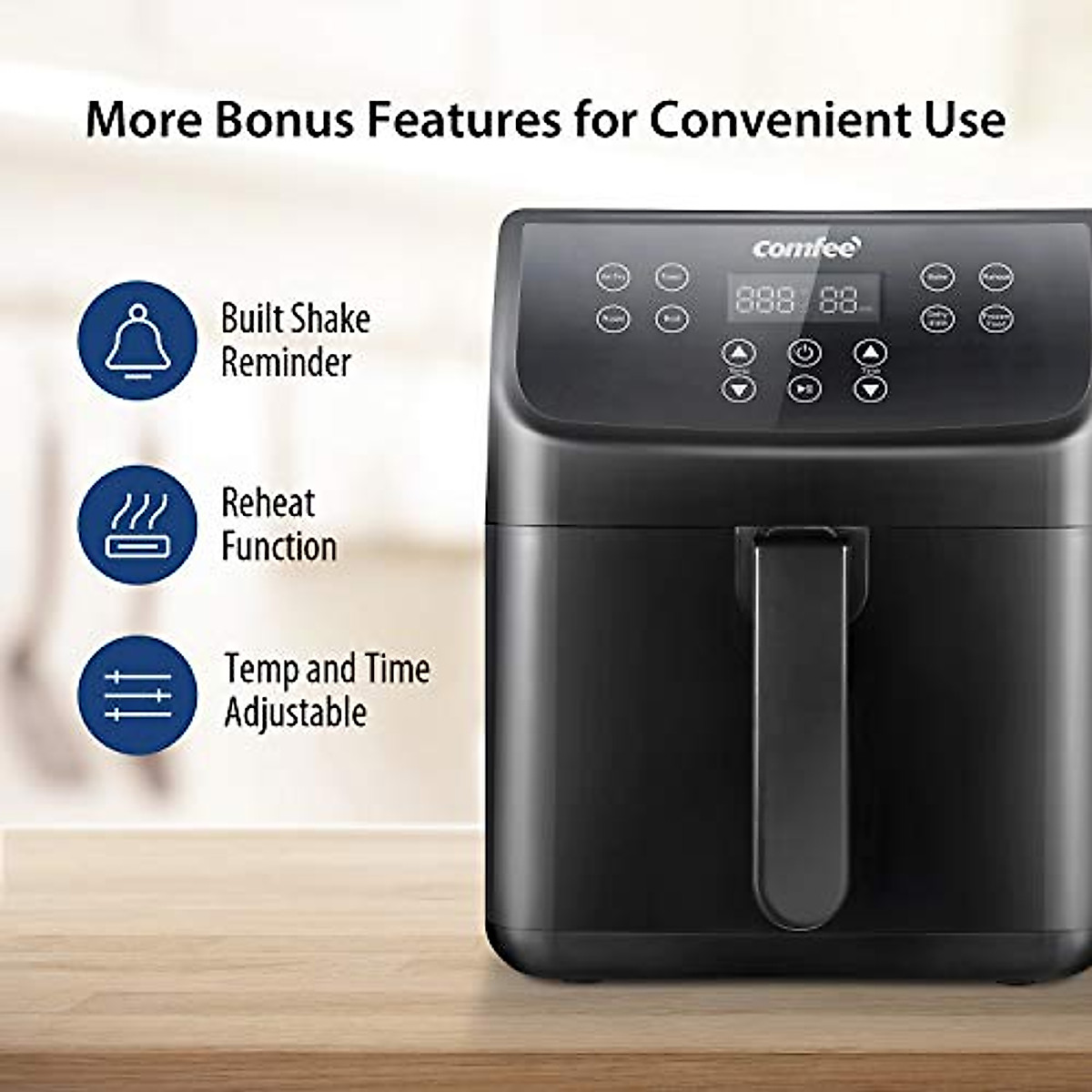 COMFEE' 5.8Qt Digital Air Fryer, Toaster Oven & Oilless Cooker, 1700W with 8 Preset Functions, LED Touchscreen, Shake Reminder, Non-stick Detachable Basket, BPA & PFOA Free (110 electronic Recipes)