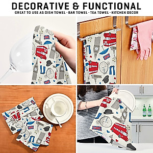 ALAZA Cartoon Big Ben Bus British Flag Kitchen Towels Dish Bar Tea Towel Dishcloths Set of 4 Super Absorbent Soft 18 x 28 inches