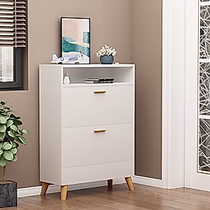 Gyfimoie Shoe Storage Cabinets, Free Standing Shoe Organizer with 2 Flip Drawers for Entryway, Narrow 3 Tier Entryway Hidden Shoe Rack with Doors (Off White)