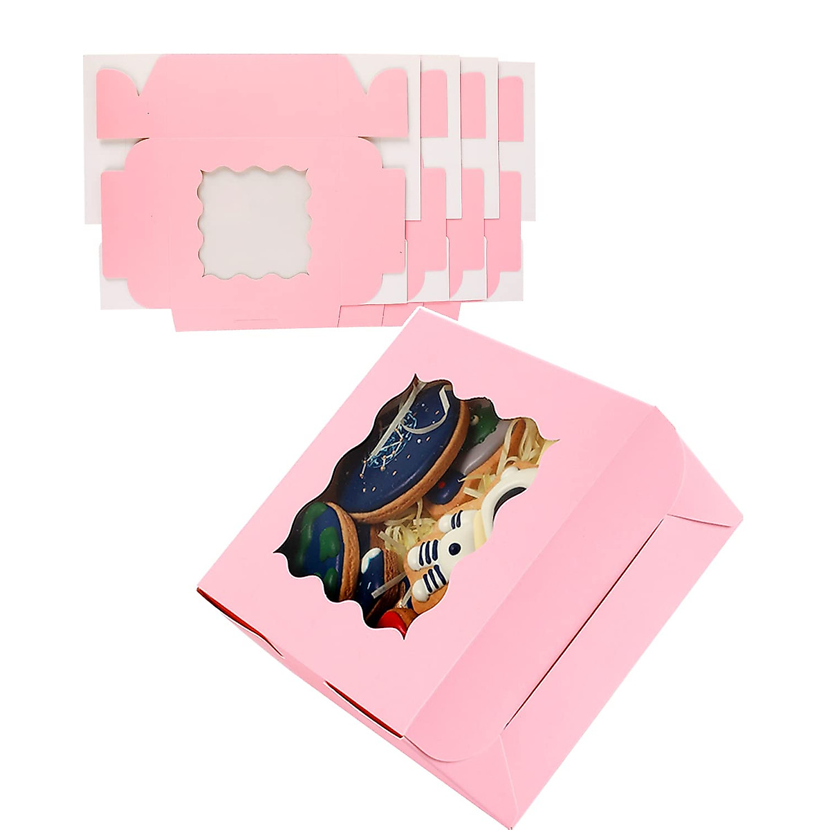 qiqee Pink Bakery Box with Window 60packs 6x6x3 Pink Cookie Boxes Pastry Box for Wedding Favor Birthday ＆ Party