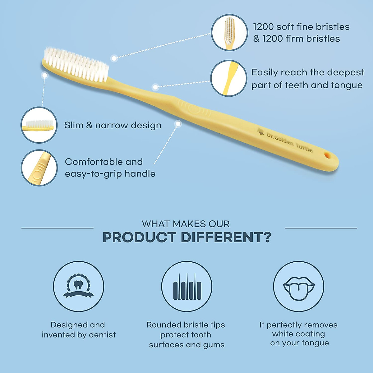 Dr.Golden Turtle Long Head Toothbrush 4-Pack Designed by Dentist | Easy Plaque Remover | Huge Toothbrush for Adults | Tooth Brushes Set | Toothbrush Medium Hard | Smokers Toothbrush for Clean Teeth