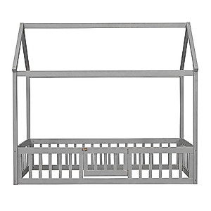 House Bed Twin Bed Frames for Kids,Wood Montessori Floor Bed with Fence and Door Design, Twin Floor Bed with Rails for Girls Boys, Grey Wash