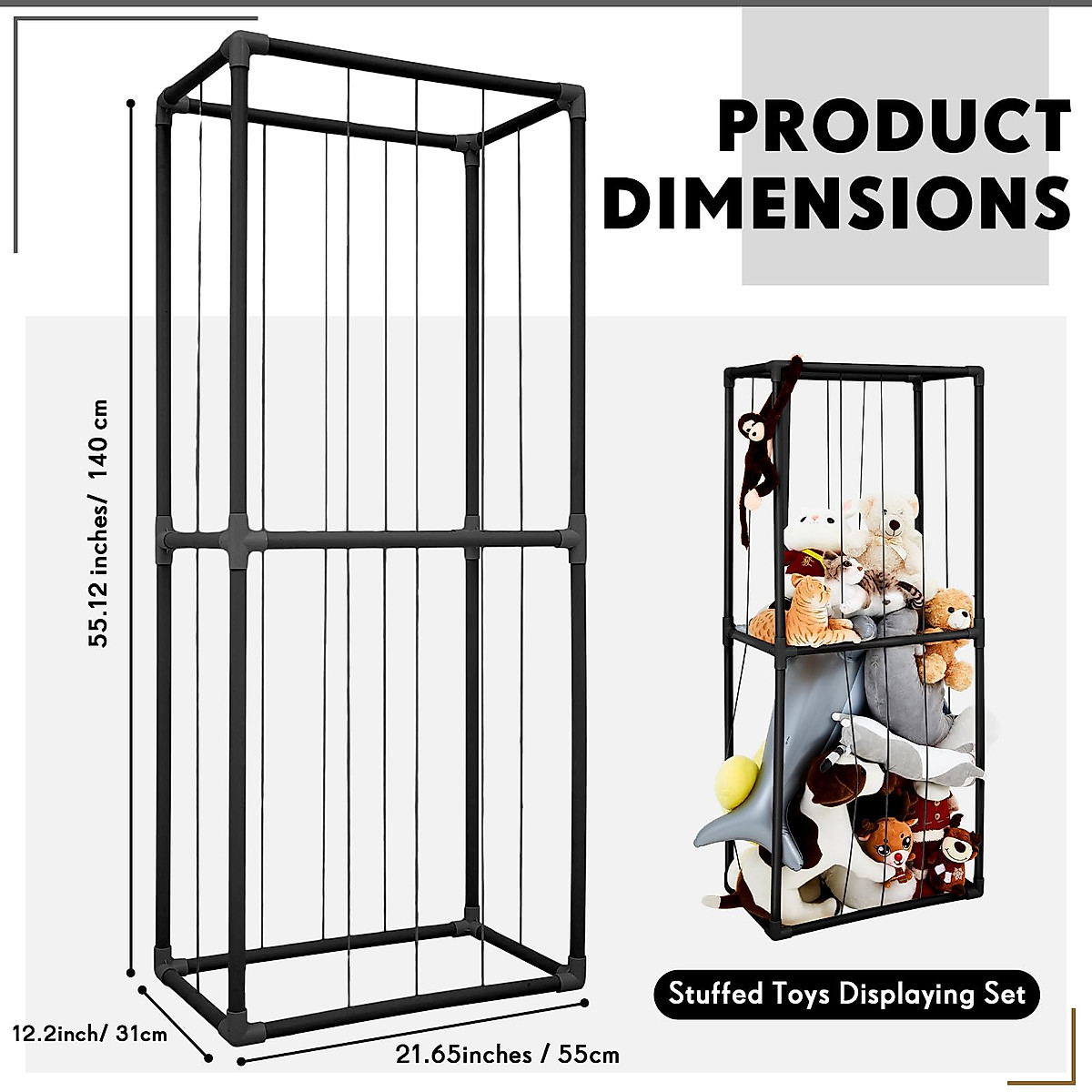 Stuffed Animal Storage Standing Storage Organizer Display Large Stuffed Animal Holder Plush Toy Storage for Kids Room Playroom Bedroom Nursery, Easy to Assemble PVC (Black)