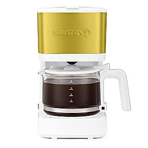 Holstein Housewares 5-Cup Coffee Maker - Pause N Serve, One-Touch Operation, Non-Stick Warming Plate, Water Level Indicator - Reusable Filter - Compact Design - White and Gold Color