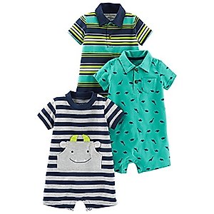 Simple Joys by Carter's Baby Boys' 3-Pack Rompers, Green Dinosaur/Navy Stripe/Yellow Stripe, 3-6 Months