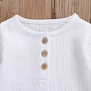 Toddler Baby Boy Girl Cotton Linen Pants Set Solid Long Sleeve T Shirt Top Drawstring Elastic Waist Pants Outfit (A-White, 12-24M)