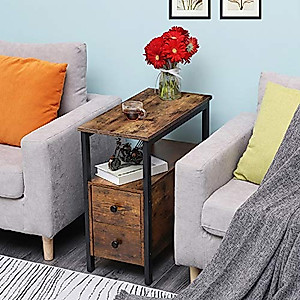 HOOBRO End Table, Set of 2, Recliner Side Table with 2 Drawer and Open Shelf, Narrow Nightstand for Small Space, in Living Room, Bedroom, Wood Look Accent Table, Rustic Brown and Black BF54BZP201G1
