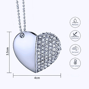 EcooDisk 128GB USB 3.0 Flash Drive Diamond Heart with Necklace Memory Stick High Speed Thumb Drive Jump Drive Data Storage Silver