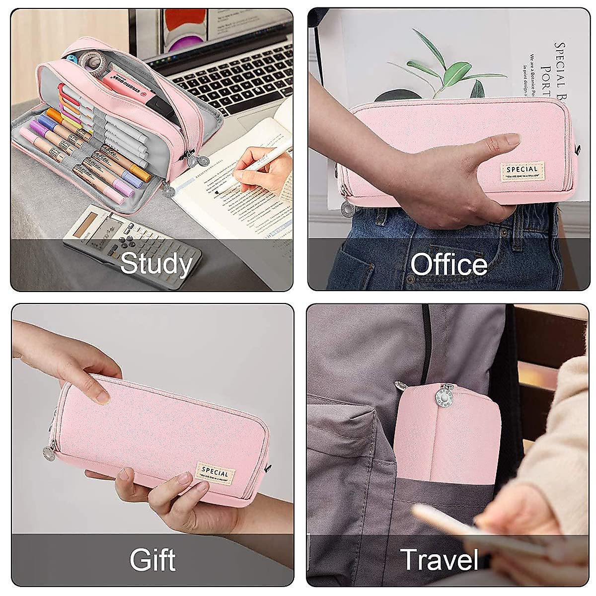 SeBeLi Pencil Case Big Capacity 3 Compartments Pouch Stationery Art Pen Bag for Girls Teens Students School & Office Supplies - Plaid White