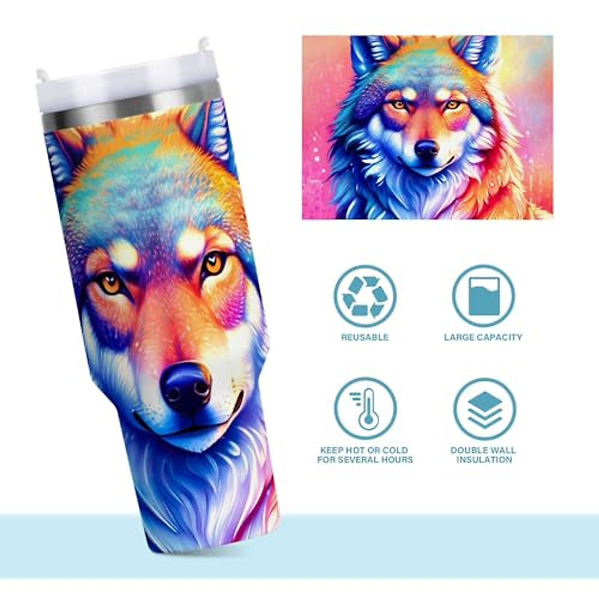 ODAWA 40oz Colorful Wolf Water Tumbler with Handle and Straw, 2 in 1 Lid Vacuum Insulated Tumbler