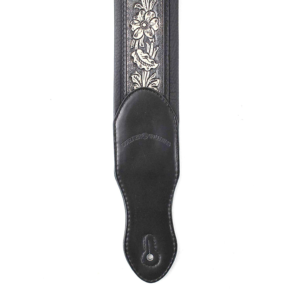 Walker and Williams KB-02-BLK Handmade Distressed Black Carving Leather Padded Guitar Strap With Floral Skull & Christian Cross For Acoustic, Electric And Bass Guitars