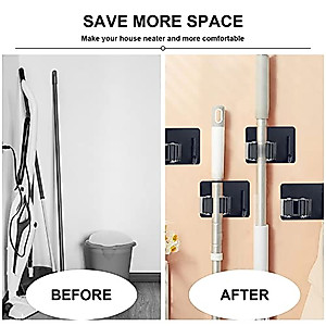 PMIIO 4 Pack Broom Holder Wall Mount, No punching, Upgraded Stainless Steel Broom Holder, Self Adhesive Broom Hanger Gripper for Bathroom, Kitchen, Garage Laundry Room Storage - Black