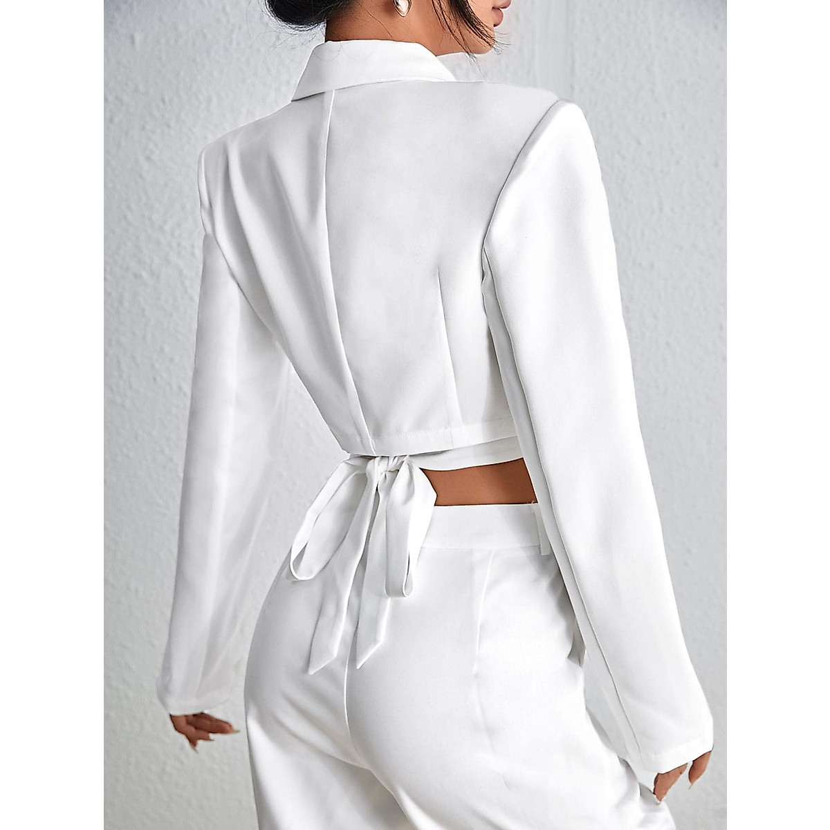 Milumia Women's Shoulder Pad Tie Back Long Sleeve Lapel Crop Wrap Blazer Jacket Outerwear White Medium