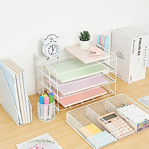ORDROLL Desk Paper Organizers and Accessories - 4-Tier Paper Letter Tray Organizer with File Holder,Drawer and 2 Pen Holders,Desk Accessories & Workspace Organizers for Office,School,Home(White)