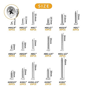 VIGRUE 450Pcs Stainless Steel Wood Screws Set #4#6#8#10#12 Phillips Flat Head Sheet Metal Screw Self Tapping Screws Assortment Kit, Length 1/4" to 2"