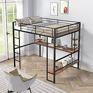 BIADNBZ Full Size Loft Bed with Desk and Shelves Storage, Metal High LoftBed Frame w/Ladder for Kids Teens Adults Bedroom, Black