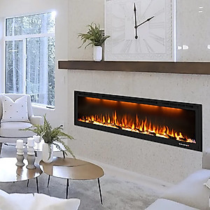 Dreamflame Electric Fireplace 74 inch, Recessed Wall Mounted Fireplace Heater, Logs & Crystal, Multicolor Flame Combinations, Overheating Protection, Black (74")