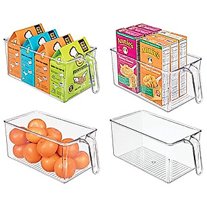 mDesign Plastic Kitchen Pantry Cabinet Refrigerator Storage Organizer Bin Holder with Front Handle - for Organizing Individual Packets, Snacks, Produce, Pasta - BPA Free - Medium, 4 Pack - Clear