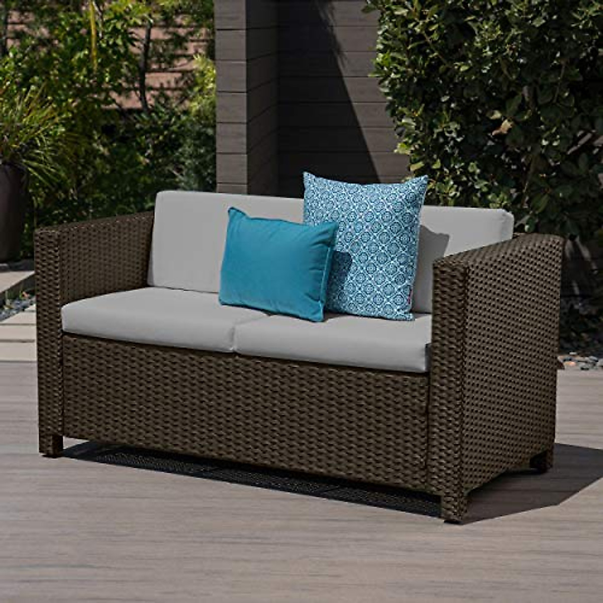 Christopher Knight Home Puerta Outdoor Wicker Loveseat with Cushions, Brown / Ceramic Grey Cushions