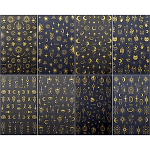 JMEOWIO 8 Sheets Moon Star Sun Nail Art Stickers Decals Self-Adhesive Pegatinas Uñas Gold Nail Supplies Nail Art Design Decoration Accessories