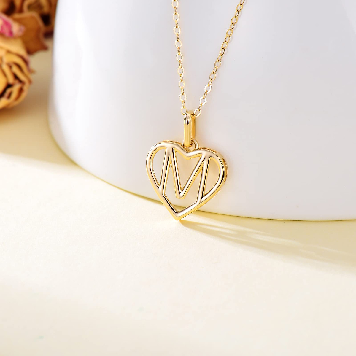 14K Solid Gold Heart Initial Necklaces for Women, Real Gold Heart Pendant Letter C Alphabet Necklace Jewelry Gift for Her, 18" Gold Adjustable Chain (C)