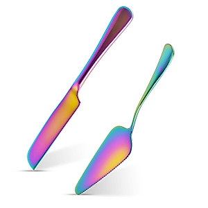 CEYAZYE Cake Cutting Set for Wedding, Cake Knife and Server Set, Stainless Steel Pie Server Set, Cake Cutter and Pie Spatula for Birthday Anniversary Christmas Party Gift Set (Rainbow)