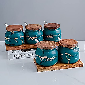JFFLYIT 3 pcs round porcelain condiment jars set sugar bowl ceramic spice jars marble ceramic seasoning coffee and sugar canister set with bamboo wood lid wood tray and ceramic spoon（Green）