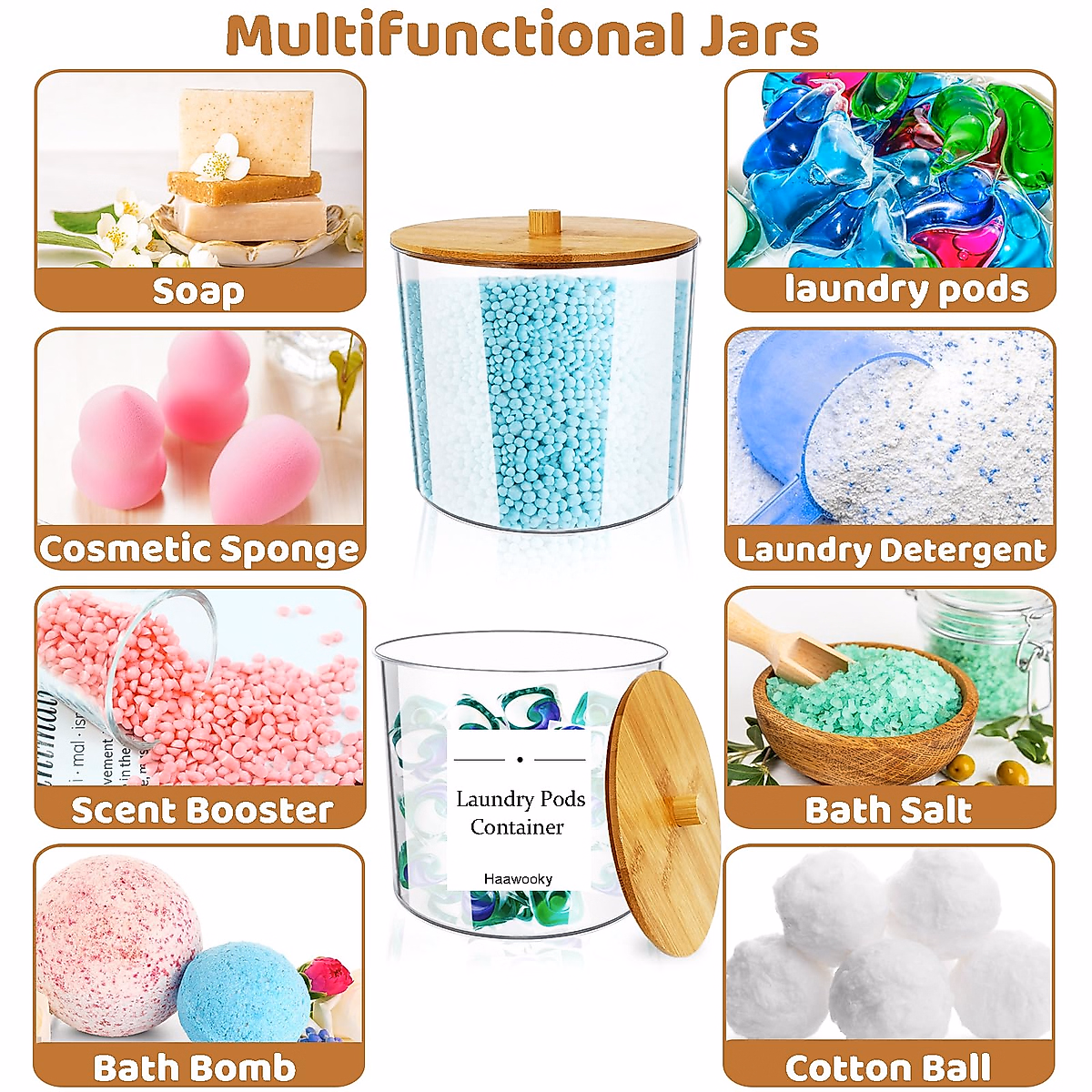 Haawooky 2 Pack Laundry Pods Container,93 oz Large Acrylic Laundry Storage Jars with Bamboo Lids,Detergent Holder for Bath Bombs,Dryer Balls,Scent Boosters,Laundry Room Organization