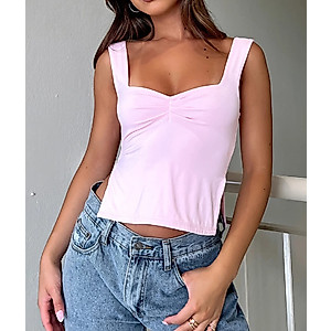 BAIGRAM Women’s Sleeveless Slim Crop Tank Top Sexy Pleated Bustier Sweetheart Neck Strappy Slits Cropped Vest Cami Pink