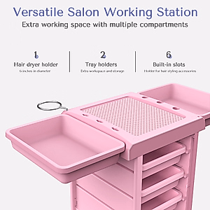 TASALON Salon Trolley Cart for Salon Station - Space Saving Salon Rolling Cart for Extra Storage - Hair Salon Beauty Cart - 6-Tray Salon Cart - Multipurpose Tool Cart - Tattoo Tray- Pink