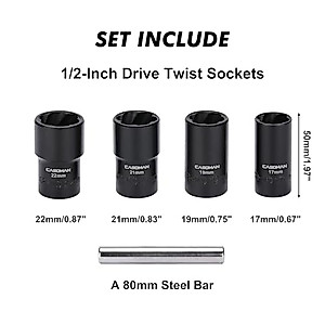 CASOMAN 5 Pieces 1/2"Dr. Twist Socket Set, Lug Nut Remover Tool Metric Bolt and Lug Nut Extractor Socket Tools