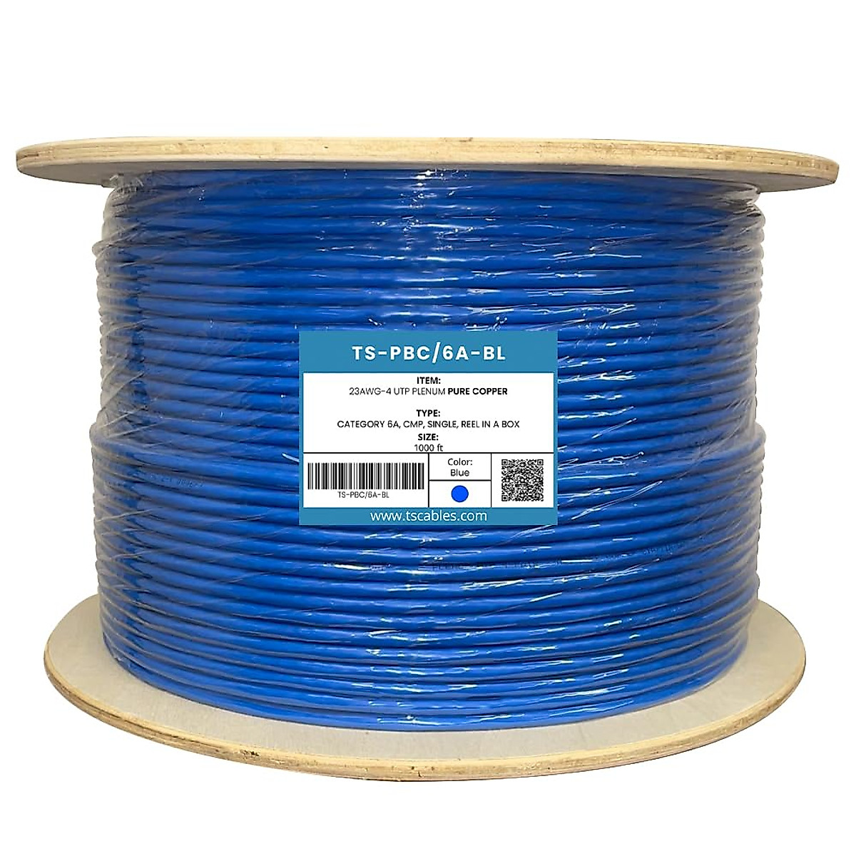 TSCables | Cat6A Plenum (CMP) 1000ft, 750Mhz, PoE++ (4PPoE) | 100% Solid Bare Copper | 23AWG Unshielded Twisted Pairs (UTP), Available in 7 Colors for Easy Identification Across Various Setups (Blue)