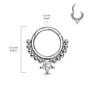 Pierced Owl 16GA Precision All 316L Surgical Steel Star Shaped CZ Crystal and Ball Lined Hoop Cartilage Helix Daith Septum Nose Hinged Segment Ring (Aurora Borealis)