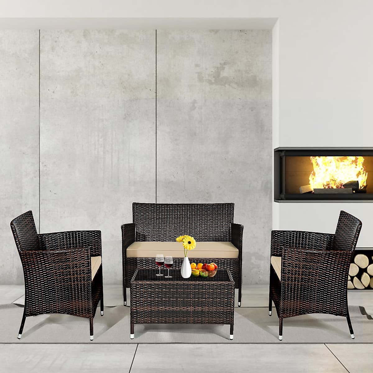 Toolsempire 4 Pieces Patio Sofa Set, Wicker Conversation Set with Ergonomic Curved Backrest, Patio Rattan Furniture Set with Water-Resistant Cushion & Tempered Glass Table for Balcony, Porch (Brown)