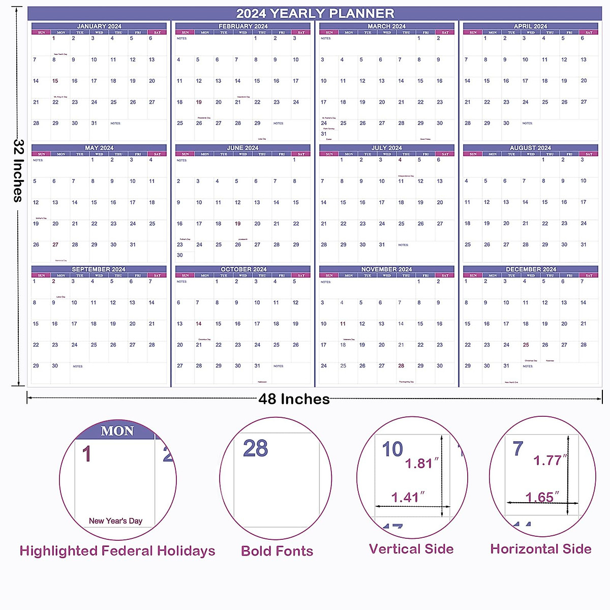 2024 Wall Calendar Erasable 32"x48" Wet & Dry Erase Laminated 12 Month Annual Yearly Wall Calendar,2-Sided Vertical/Horizontal, Reversible,Erasable & Reusable Calendar for Home Office School (Purple)