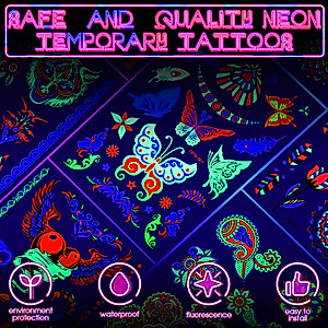 20 Sheets Glow in the Dark Temporary Tattoos UV Neon Tattoo Stickers Fluorescence Rave Festival Accessories for Women Men Face Body Makeup UV Glow Party Supplies