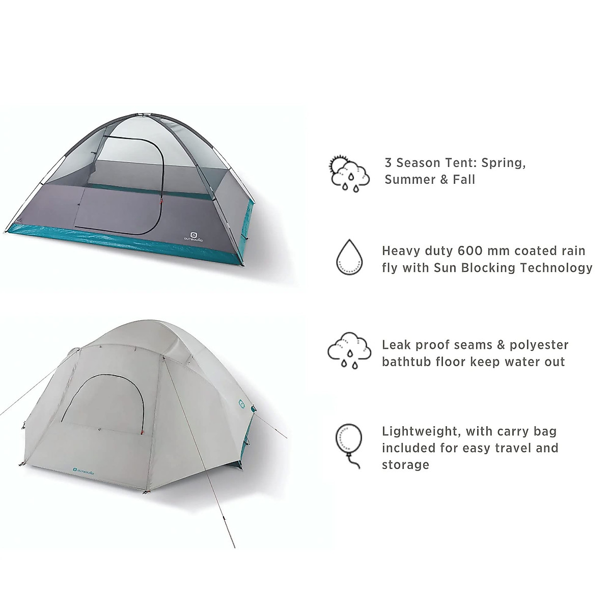 Outbound 8 Person 3 Season Lightweight Easy Set Up Dome Camping Tent Heavy Duty 600mm Coated Blackout Rainfly and Zip Carrying Bag, White/Gray