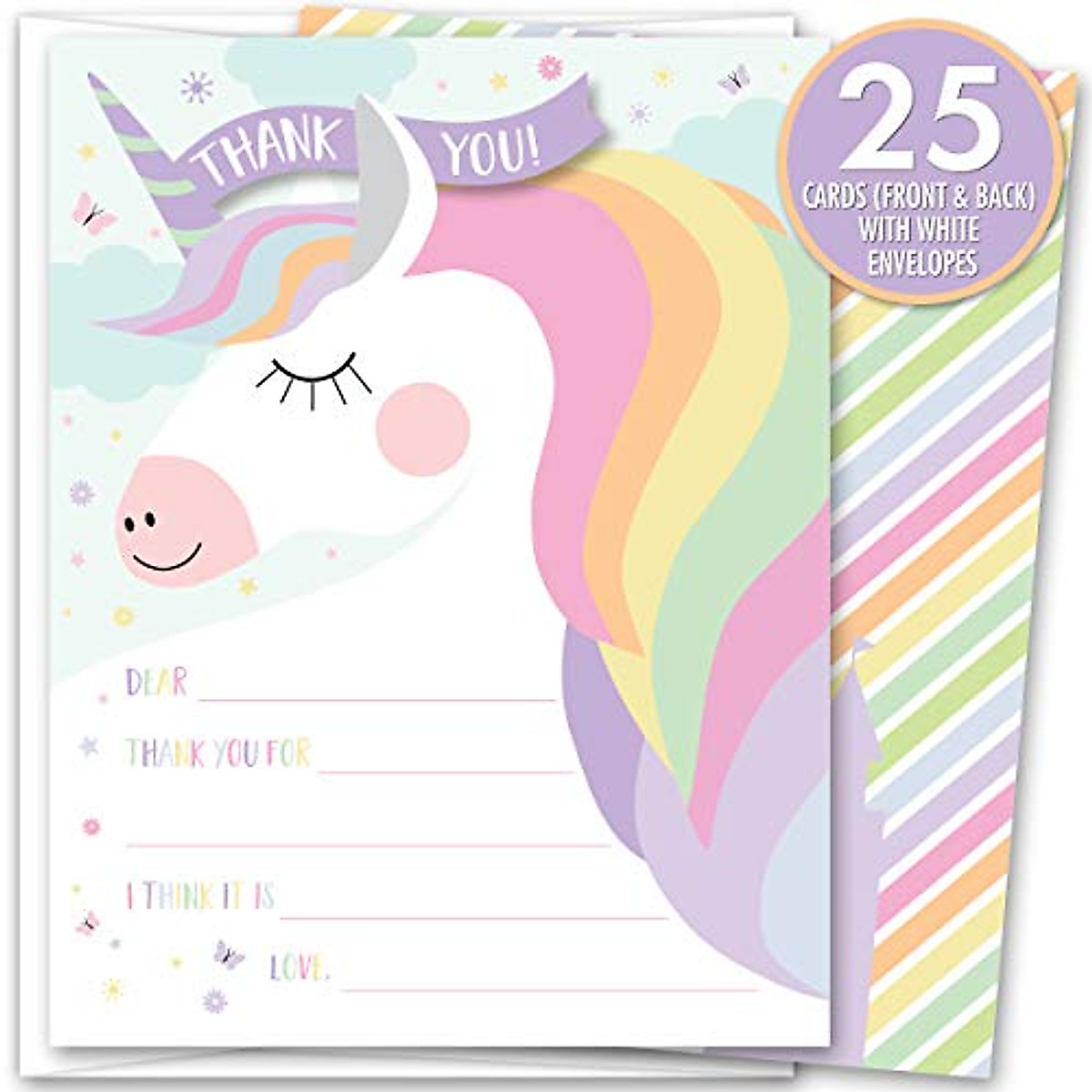 Koko Paper Co Magical Unicorn Fill-in-the-Blanks Thank You Notes. Set of 25 5.5” x 4.25” Flat Note Cards and A2 White Envelopes. Printed on Heavy Card Stock.