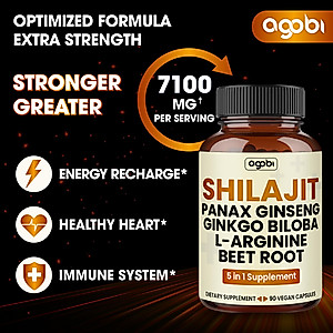 7100mg Shilajit Supplement - 90 Capsules - Support for Energy Production, Concentration, Brain Health & Extra Strength - Combined with Panax Ginseng Root, Beet Root & More - Gluten-free, Non-GMO