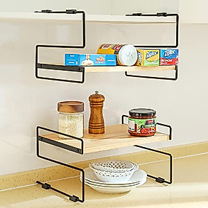 LINOVINO Cabinet Shelf Organizers, Kitchen Counter Organizer Rack Under Shelves Riser, Pantry Cupboard Storage Organization with Metal and Wood Combined, Black and Natural